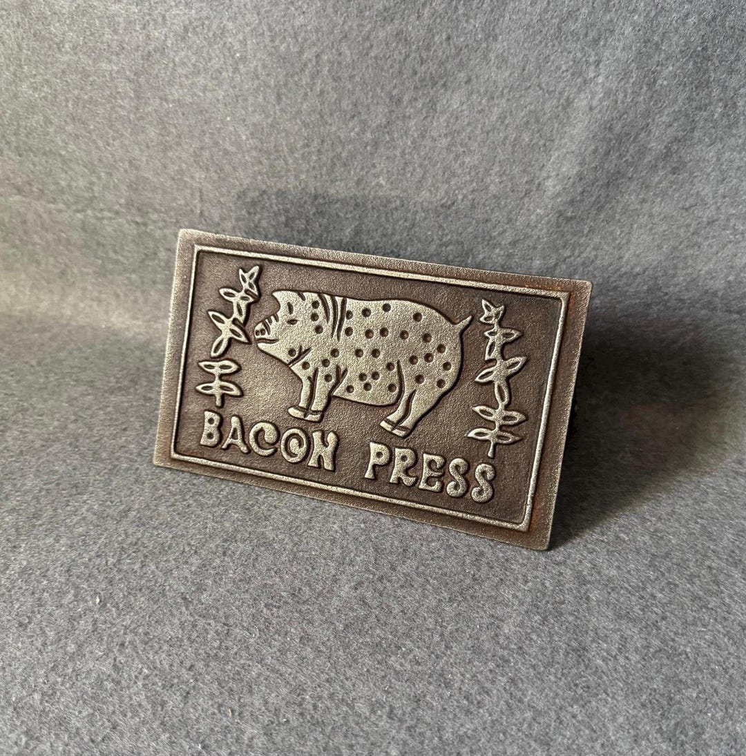 Heavy Cast Iron Embossed Pig Wooden Handle Bacon Burger Press Vintage ...