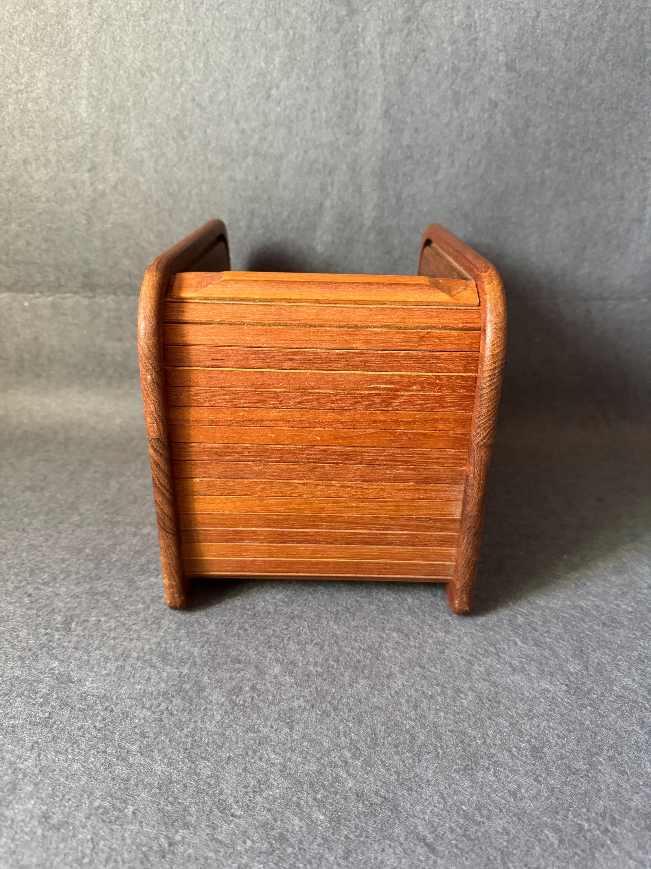 Teak Wood Tambour Roll-top Storage Box / Six Plastic Dividers / Side ...