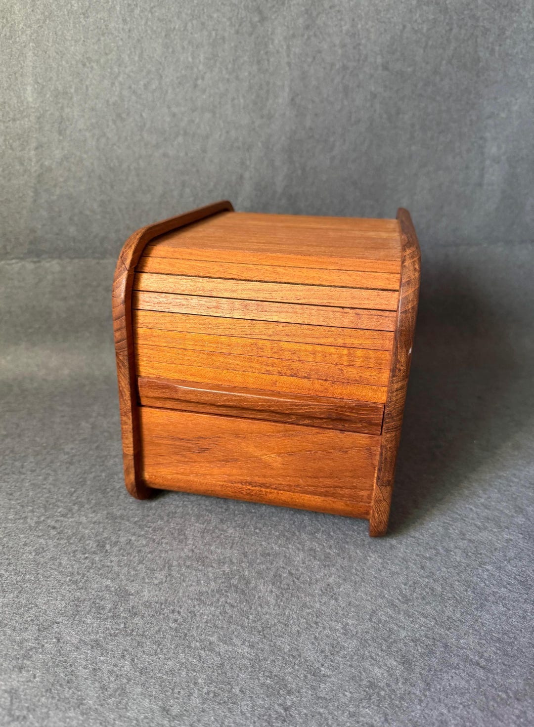Teak Wood Tambour Roll-top Storage Box / Four Plastic Dividers ...