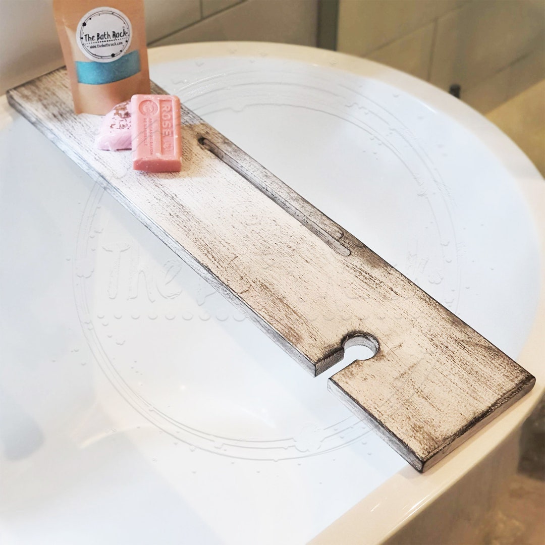 White Distressed With Black Bath Rack Tray With Tablet Slot and Wine ...