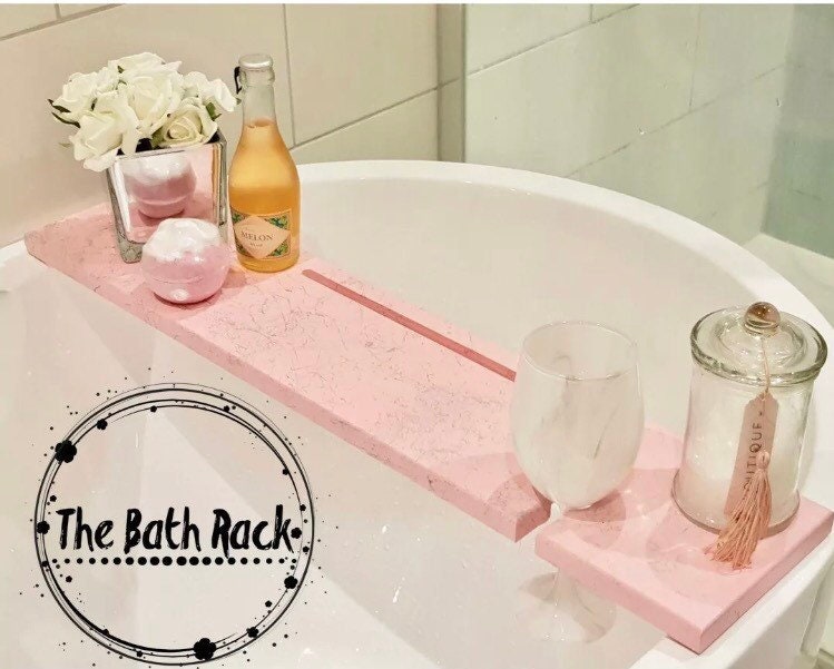 Marble Effect Pink Wooden Bath Rack With Tablet Slot And Wine | Etsy