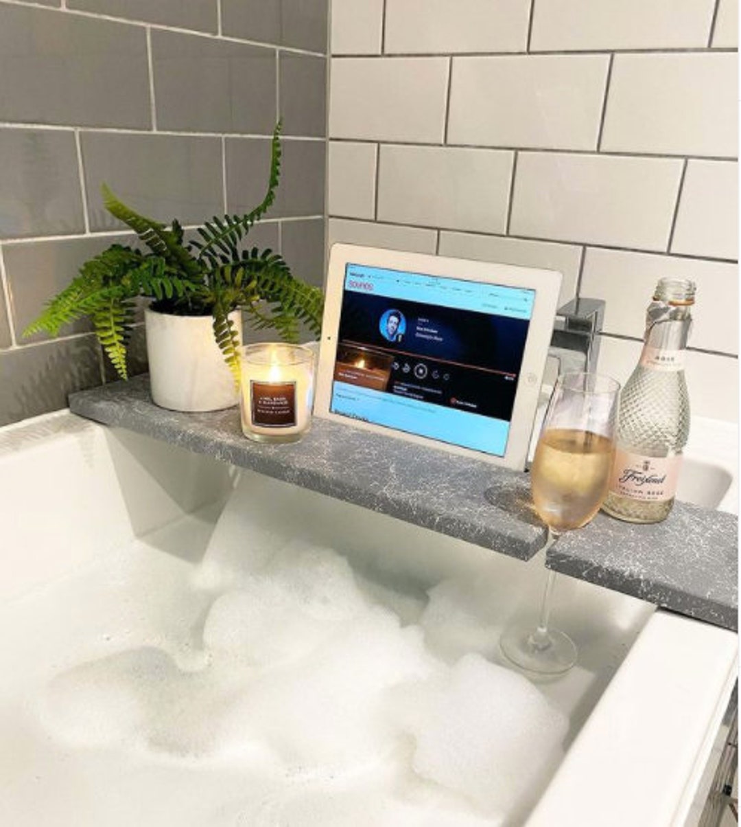 Wooden Grey Marble Effect Bath Rack Caddy Bath Tray Bath Board Caddy ...