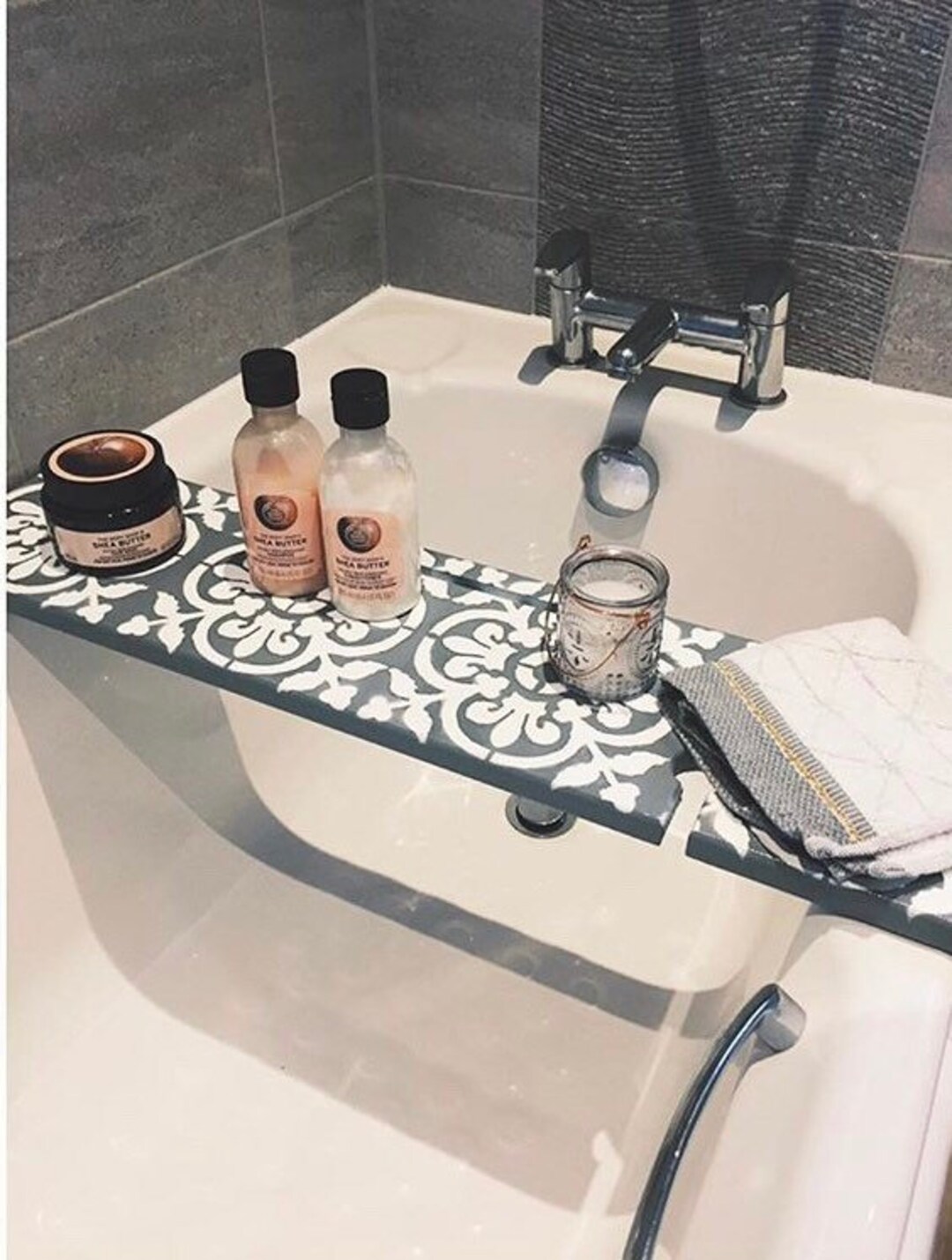 Grey Patterned Bath Rack With Tablet Slot and Wine Glass Holder Bath ...