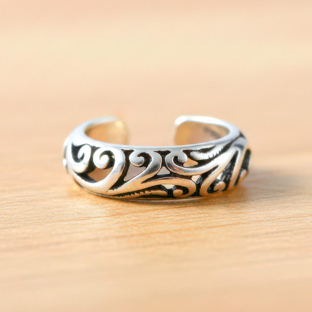 Floral Filigree Toe Ring Real Solid 925 Sterling Silver Adjustable Open ...