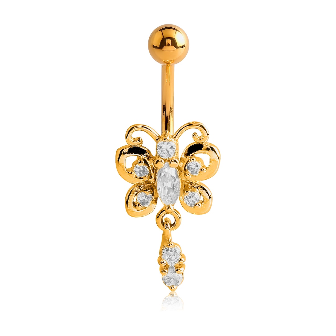 Small Gold Butterfly Belly Bar 1.6mm X 10mm Tummy Ring Austrian Crystal ...