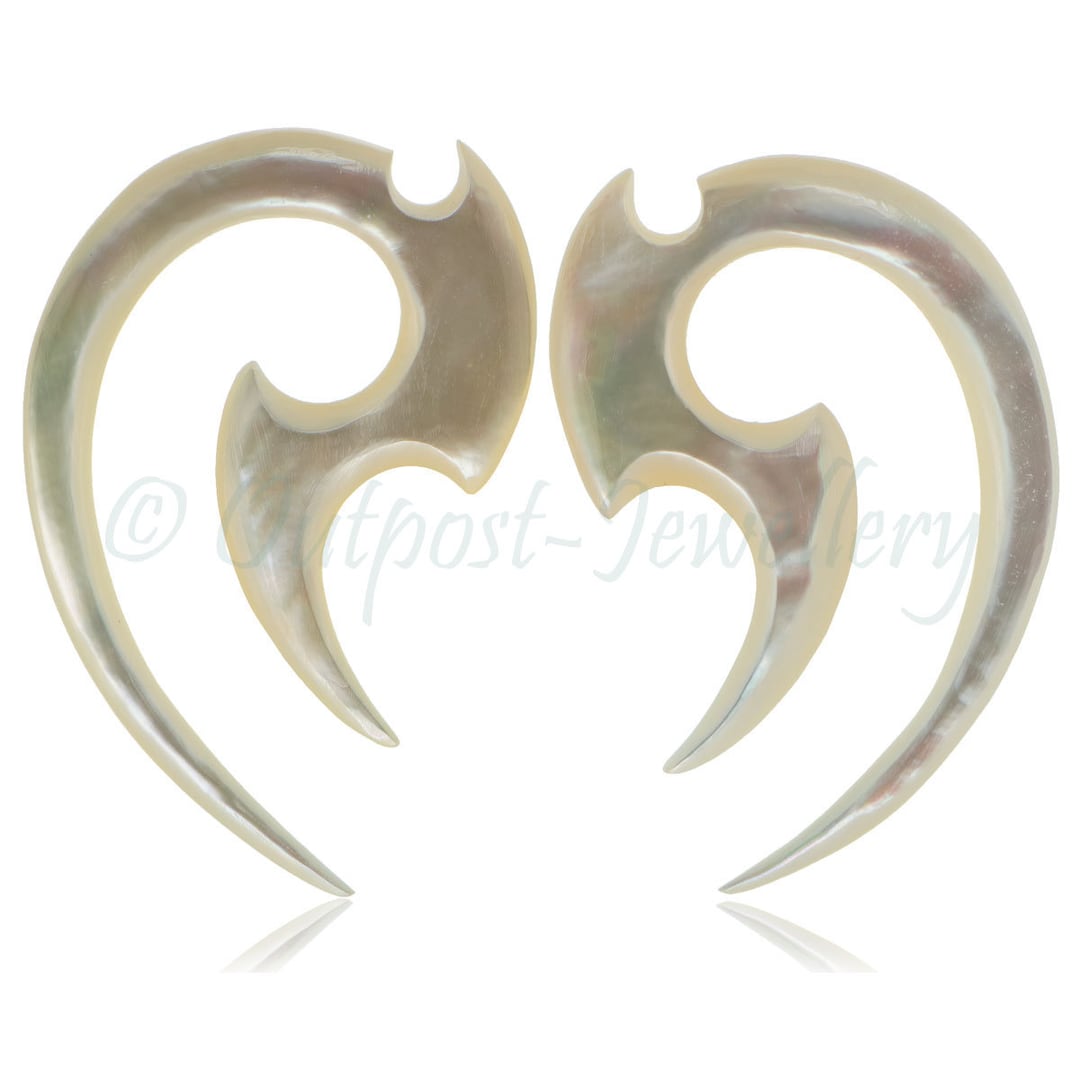 Pair of Carved Shell Fish Hook Ear Spiral Hangers Taper Tribal Body ...