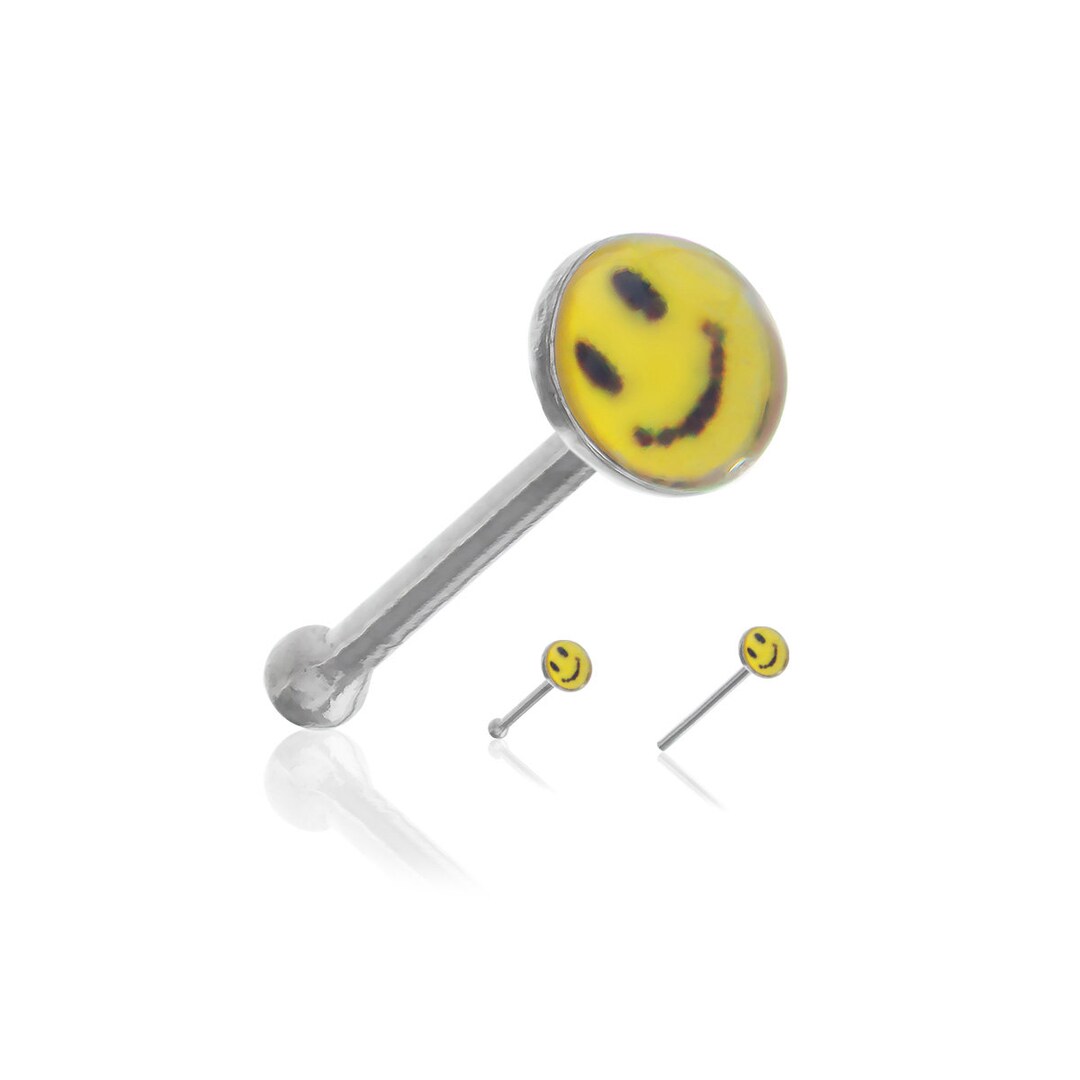 Tiny Smiley Emoji Logo Nose Stud Bone Real Sterling Silver 925 Straight ...