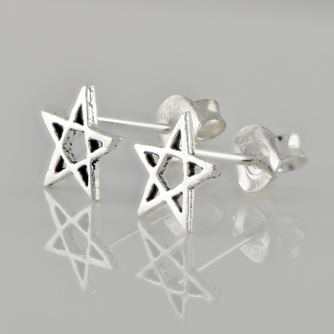 Pentacle Pentagram Stud Earrings Real 925 Sterling Silver Star Talisman ...
