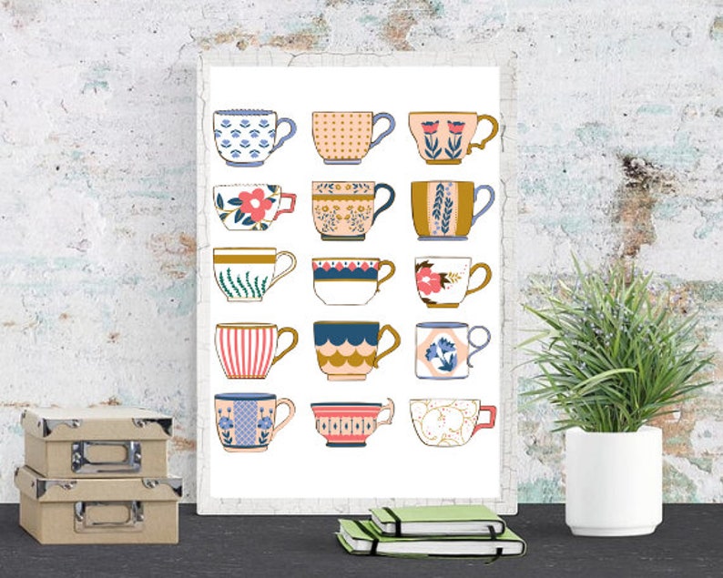 Aesthetic Tea Cup Print, Cute Modern, Patterned Teacups, Instant ...