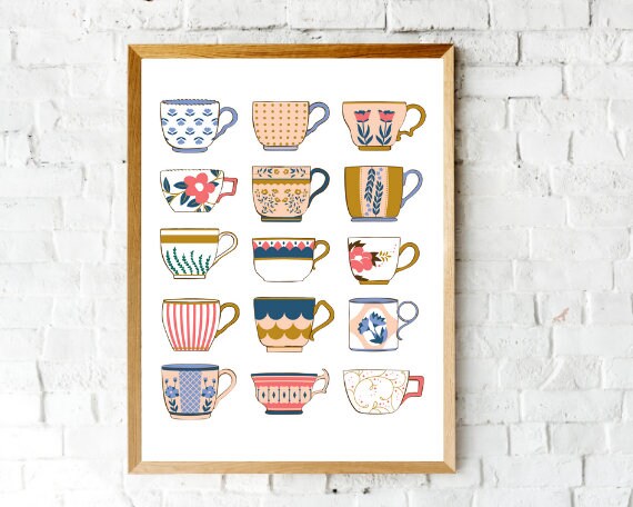 Aesthetic Tea Cup Print, Cute Modern, Patterned Teacups, Instant ...