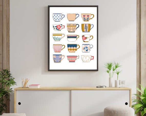 Aesthetic Tea Cup Print Cute Modern Patterned Teacups | Etsy