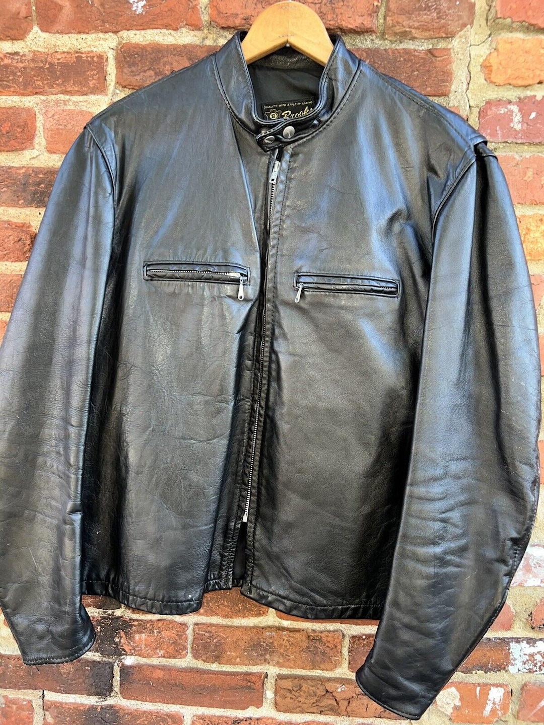 Vintage Brooks Black Leather Motorcycle CAFE RACER Jacket Sz 44-46 - Etsy