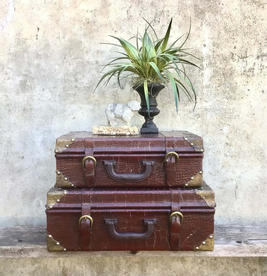 Pair Decorative Suitcase Boxes Stacking Dark Red Alligator Style ...