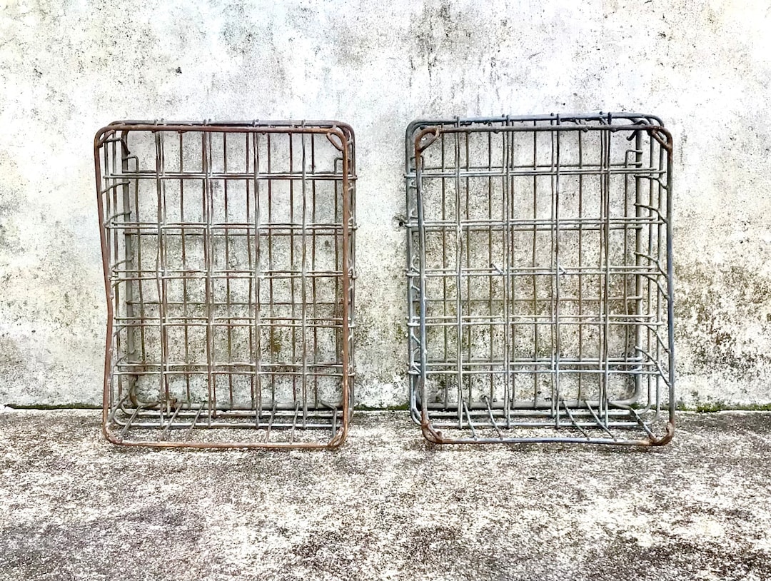 2 Old Metal Bottle Crates Vintage Rusty Steel Divided Baskets Thick ...