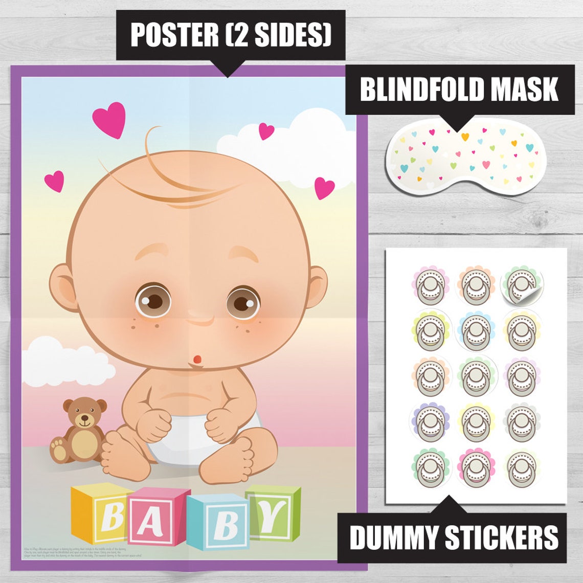 Pin the Dummy Baby Shower Game: A2 Poster, Mask & Stickers - Etsy UK