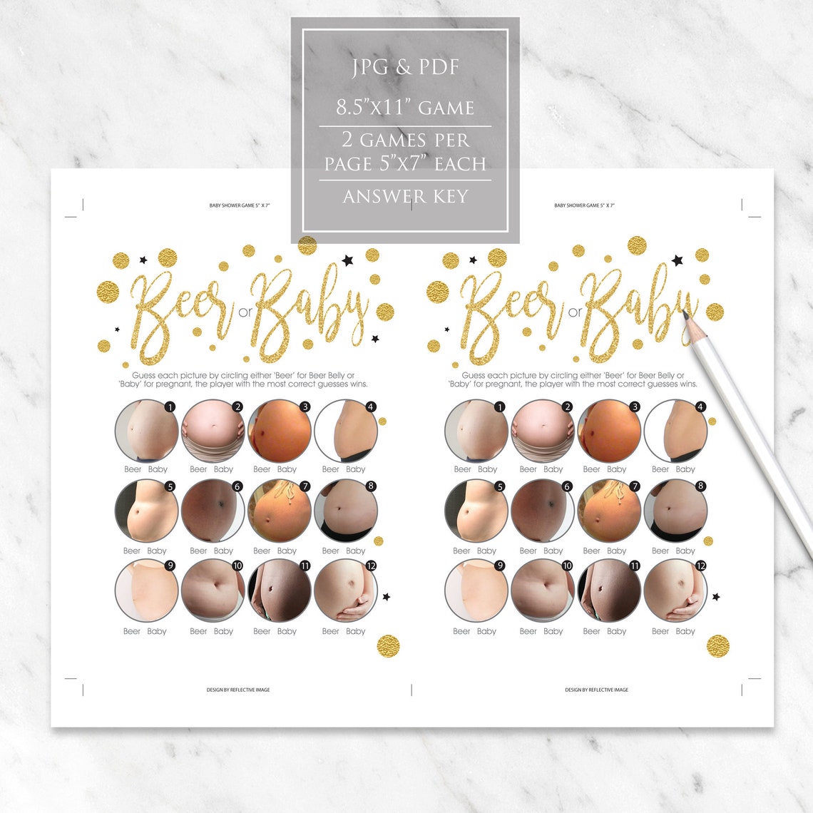 Baby Shower Game: Beer or Baby Belly, Gold Glitter (PDF & JPG) - Etsy