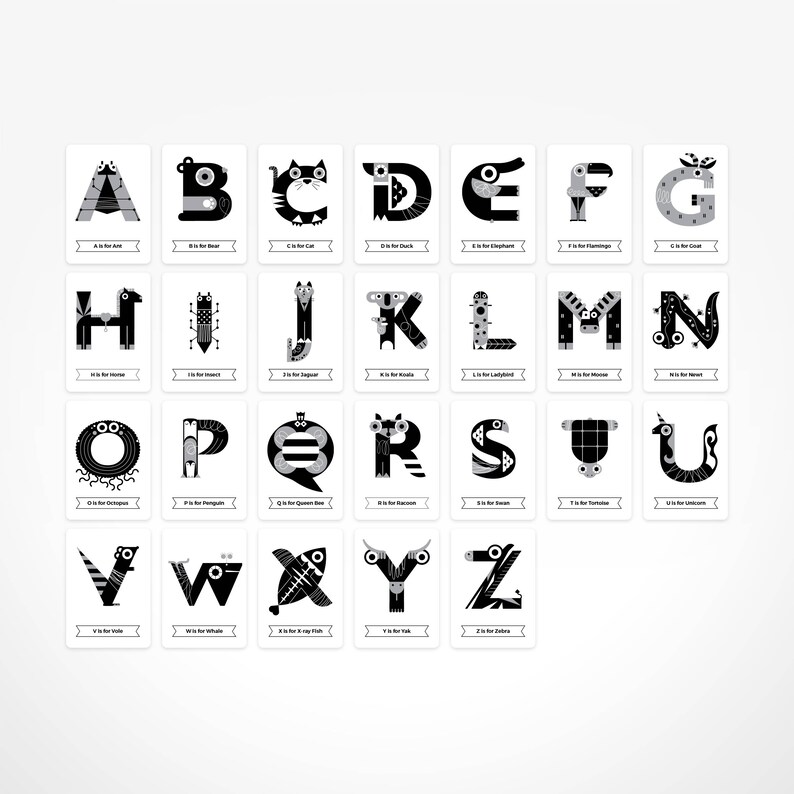 Black and White Alphabet Flashcards for Kids Educational, Learn the ...