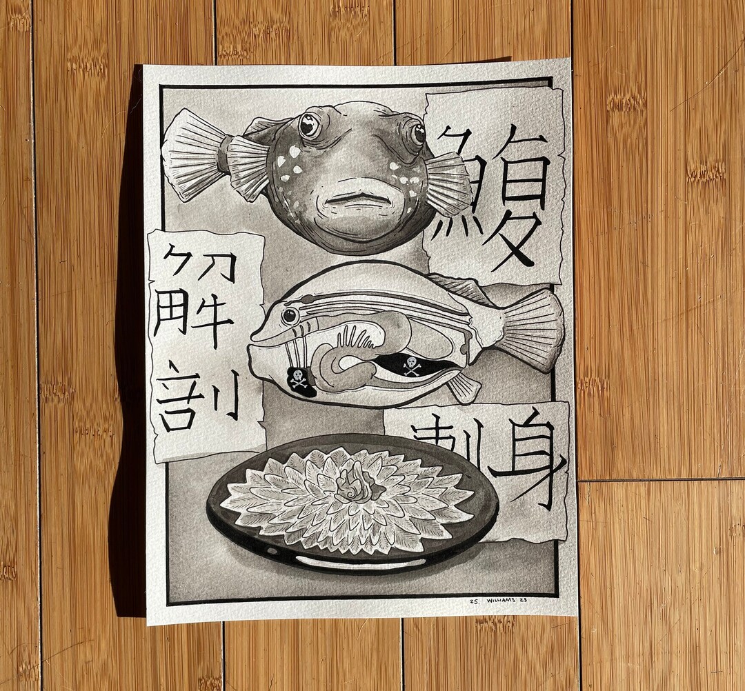 Blowfish Warning Poster, Fugu 8.5" X 11" Original Art Drawing, Puffer ...