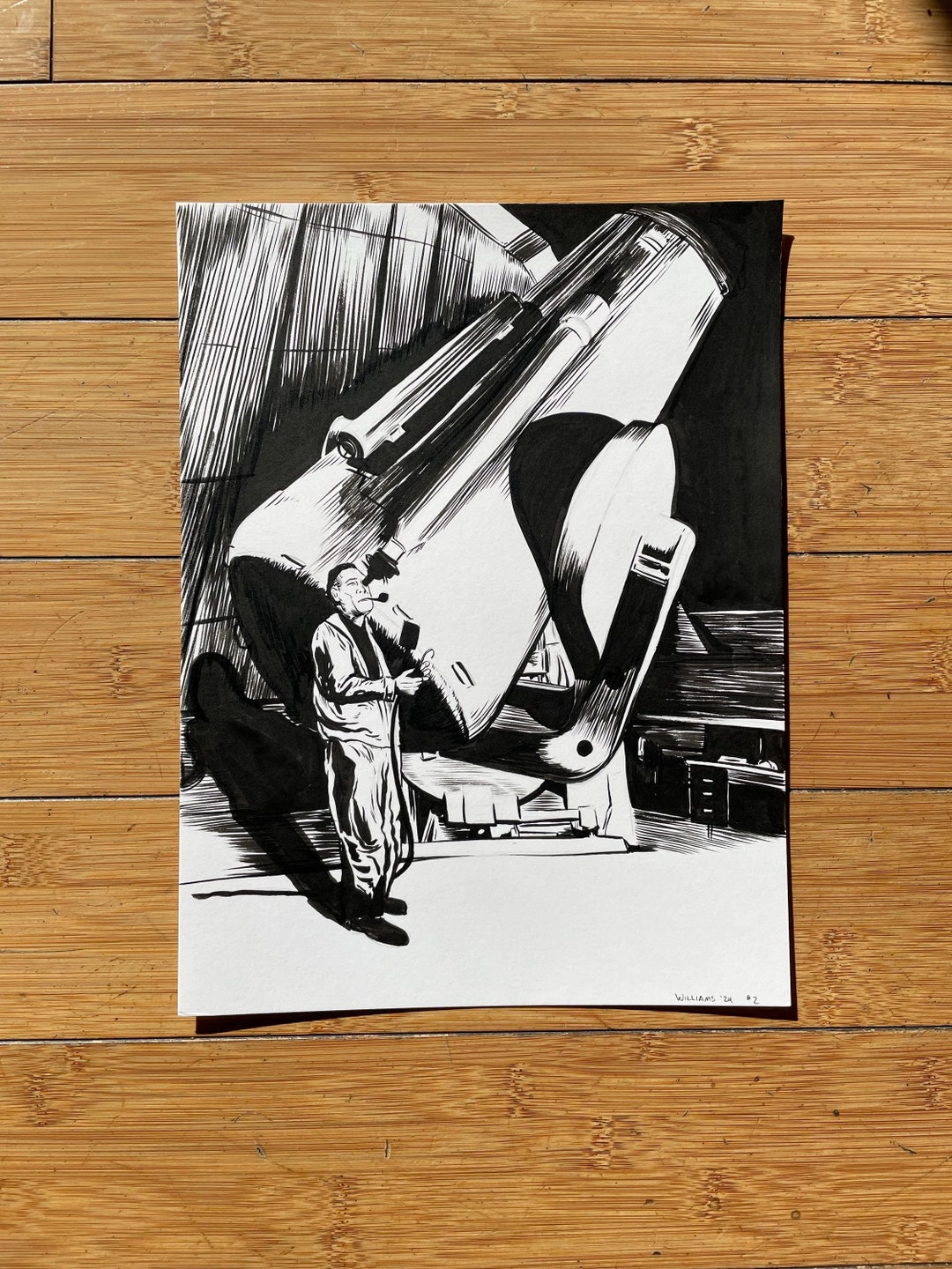 Hubble Original Art Drawing, Edwin Hubble With Large Telescope ...