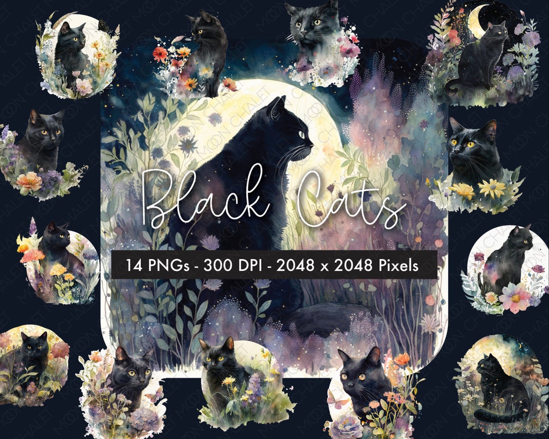 Watercolour Black Cats Clip Art Bundle- Digital Download- Sticker- Wall ...