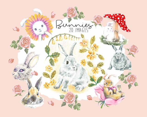 Hand Drawn Bunnies Clipart Floral Rabbits Mushrooms | Etsy
