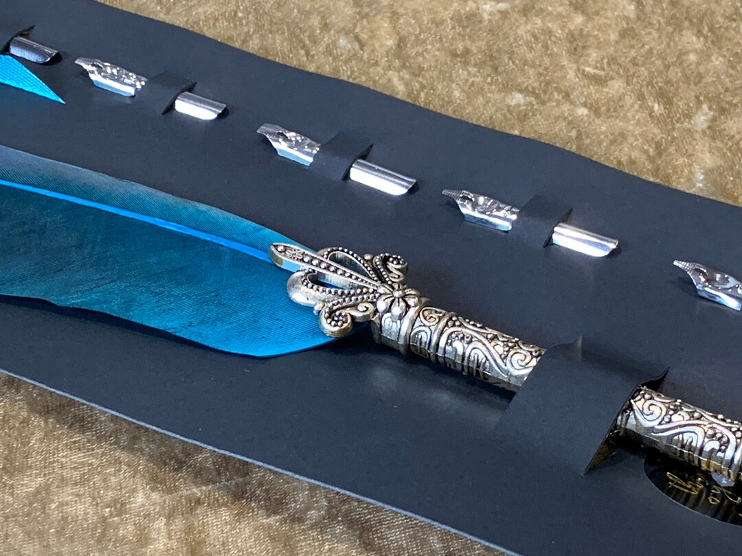 Teal Feather Quill Fountain Calligraphy Pen Craft Supply for RPG Games ...