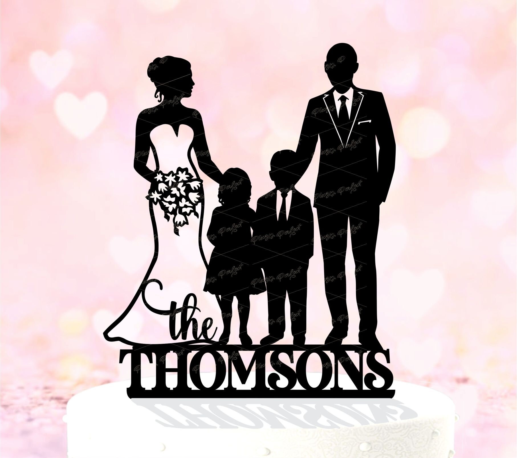 Family Silhouette Wedding Cake Topper Bride, Groom & Kids Personalized ...