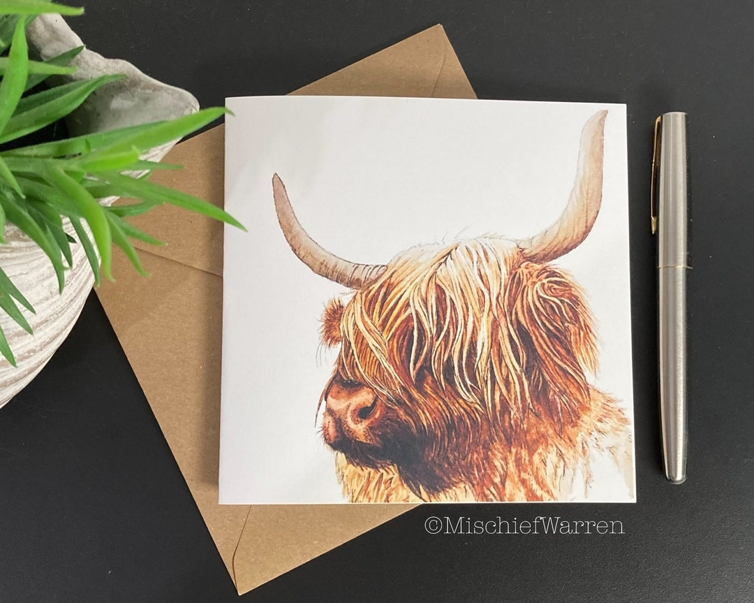 Highland Cow Art Card: Scottish Coo Watercolour Illustration. Blank or ...