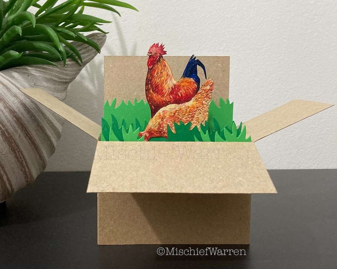 Rooster + Hen Card. Blank 3D Box Card or Personalised; Birthday ...