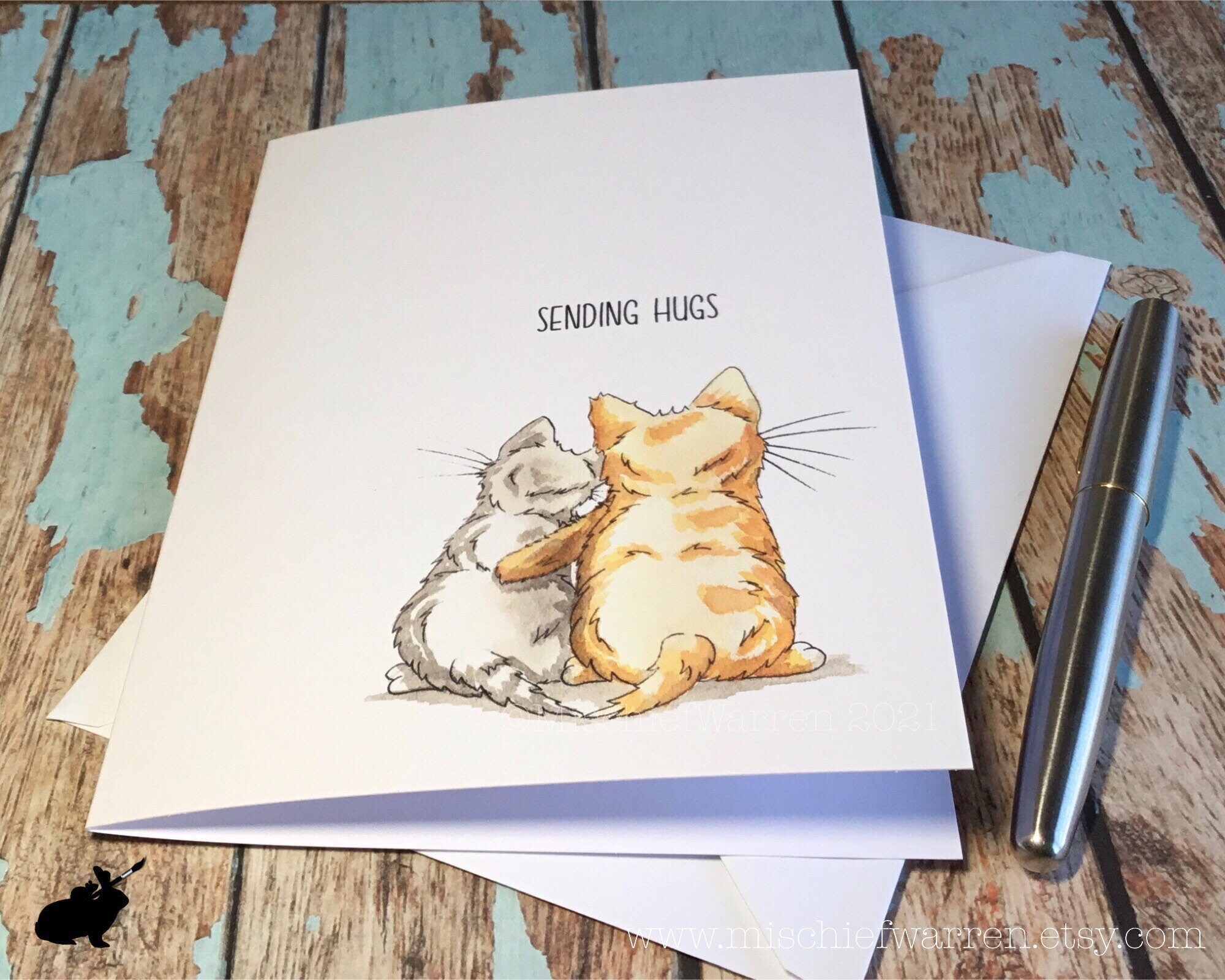 Sending Hugs Kitten Card Handmade and Blank Inside. for - Etsy UK