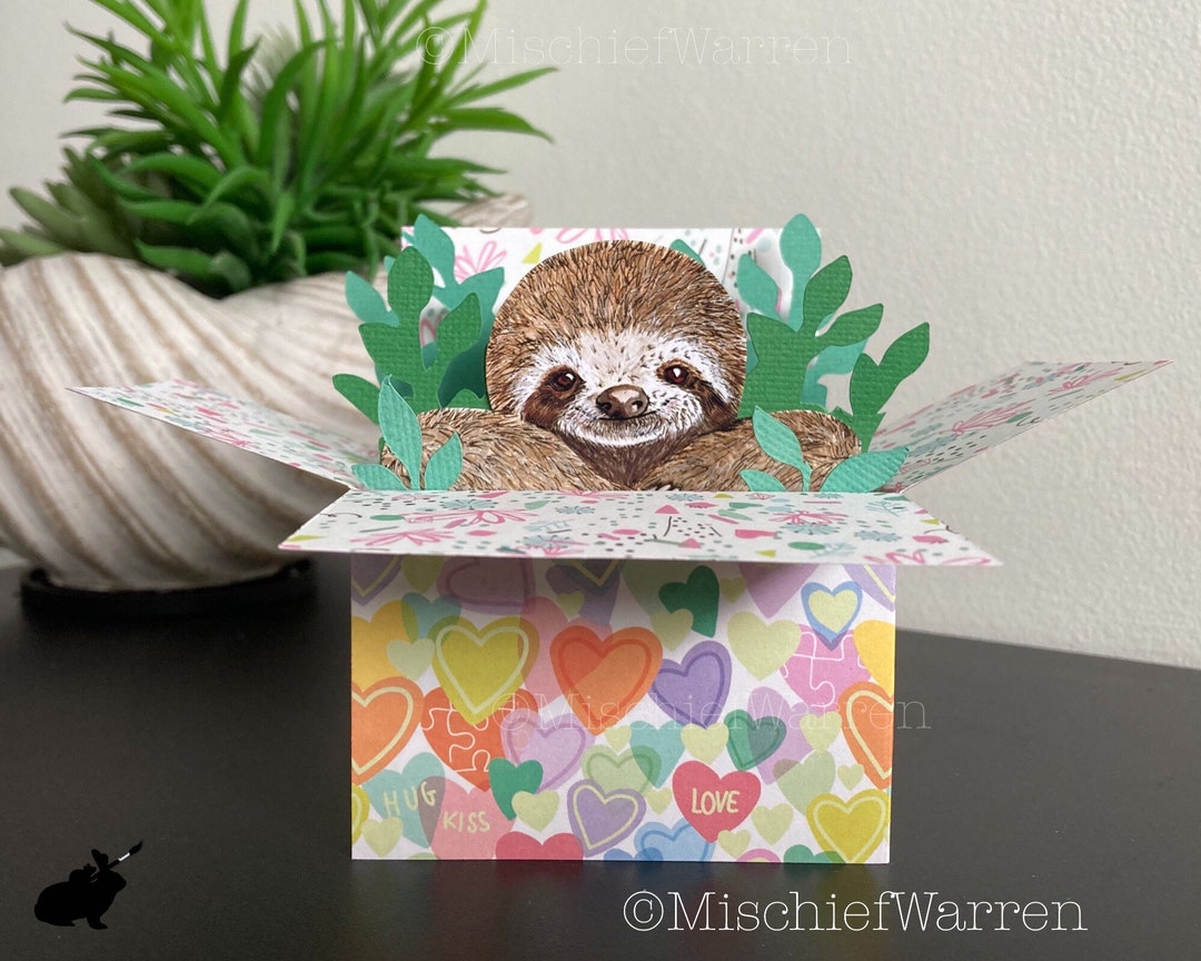 Sloth Card. 3D Love Hearts Sloth Box Card. Blank or Personalised ...