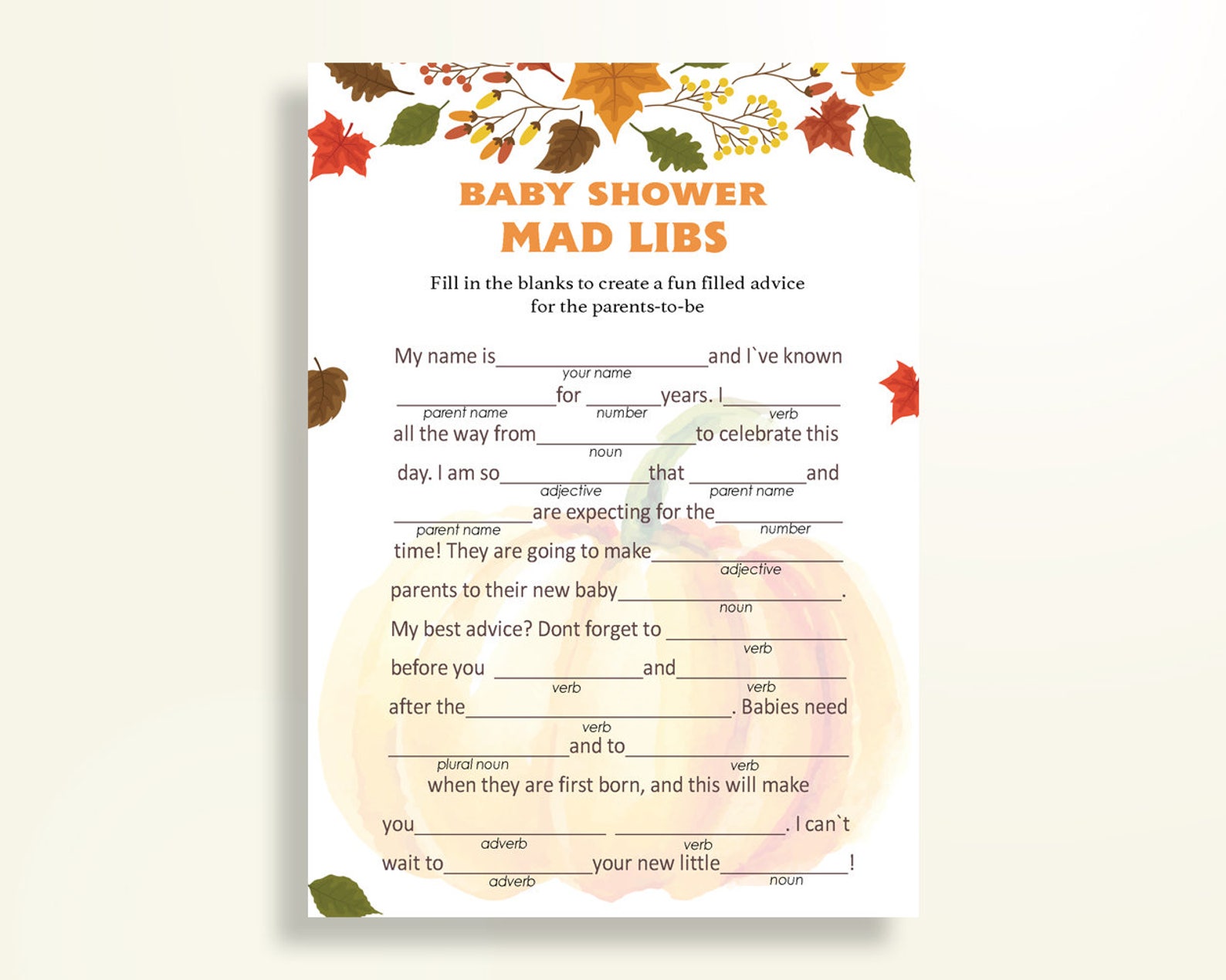 Mad Libs Baby Shower Mad Libs Autumn Baby Shower Mad Libs Baby - Etsy