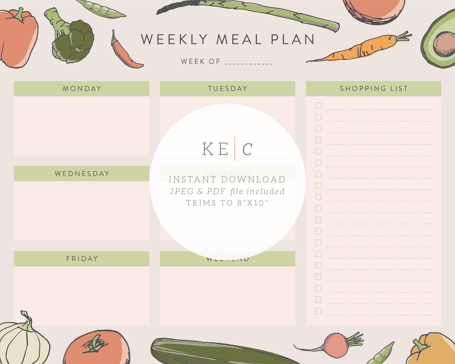 Weekly Meal Plan Printable Veggies Illustration Colorful Kitchen ...