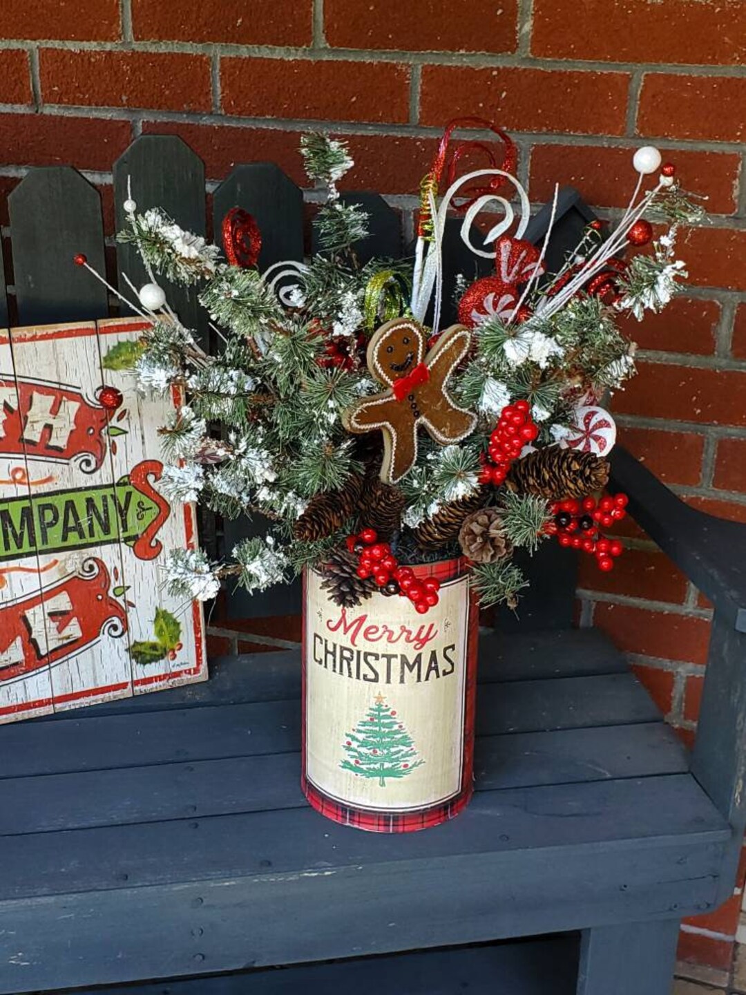 LARGE Gingerbread Centerpiece, Farmhouse Decor, Metal Christmas Bucket ...