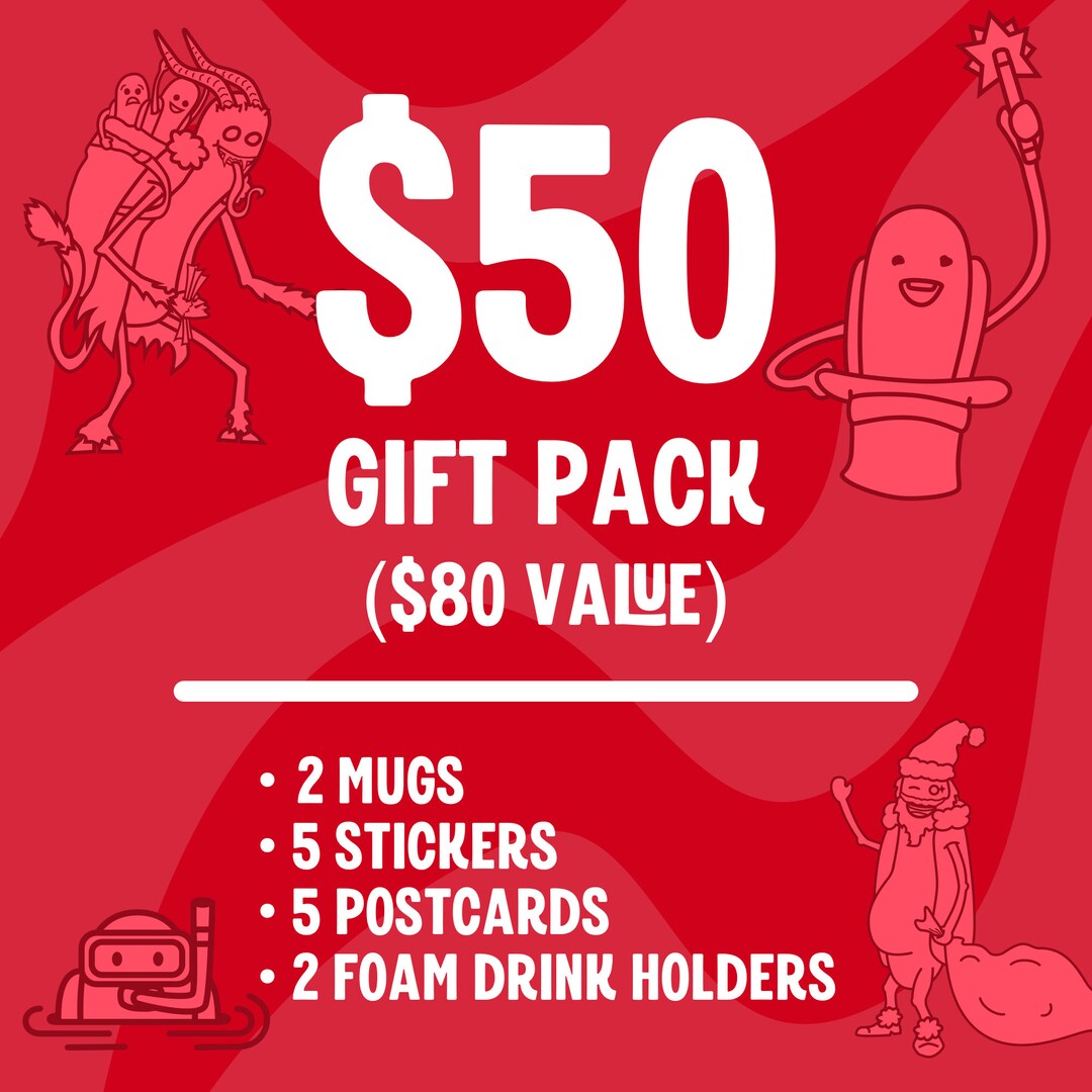 50 Dollar Gift Pack - Mugs (2), Stickers (5), Postcards (5), Foam Drink ...