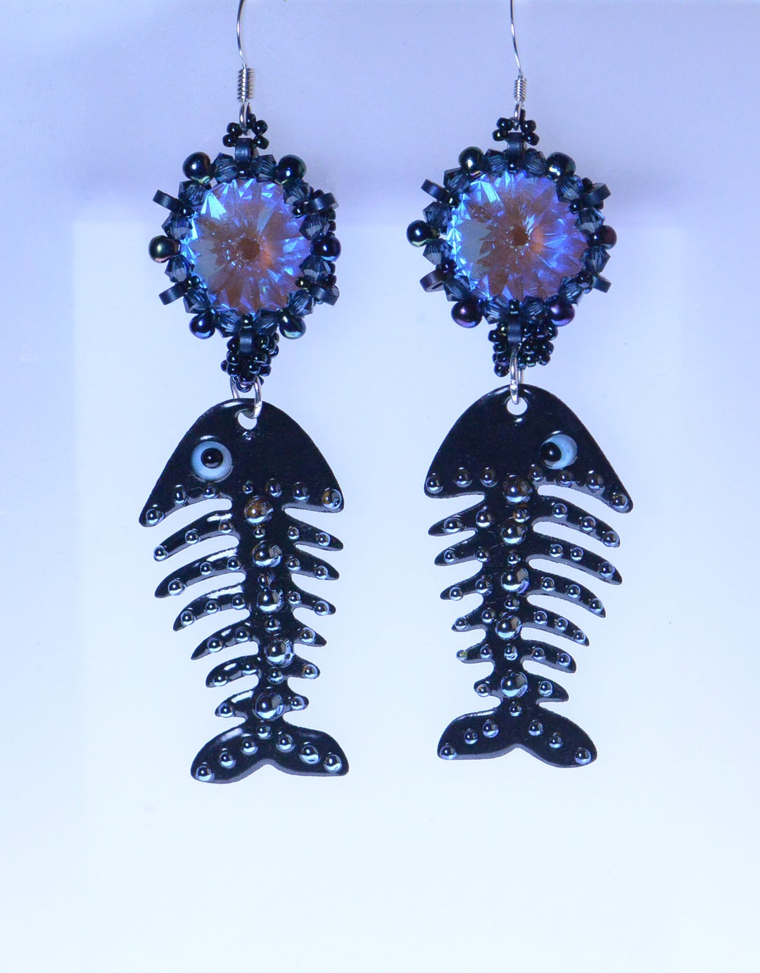 Black Fishbone Crystal Glass Enamel Earrings Statement Party Jewelry ...