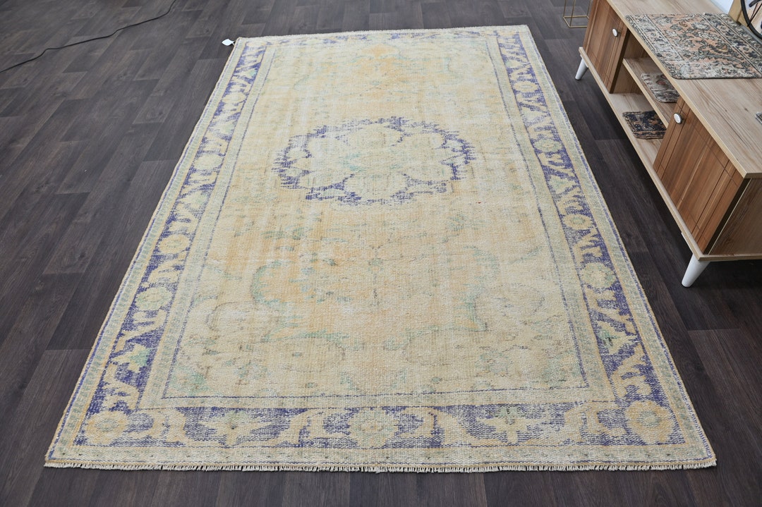 Neutral Yellow Large Hand Knotted Turkish Farmhouse Area Rug 6x8 Ft ...