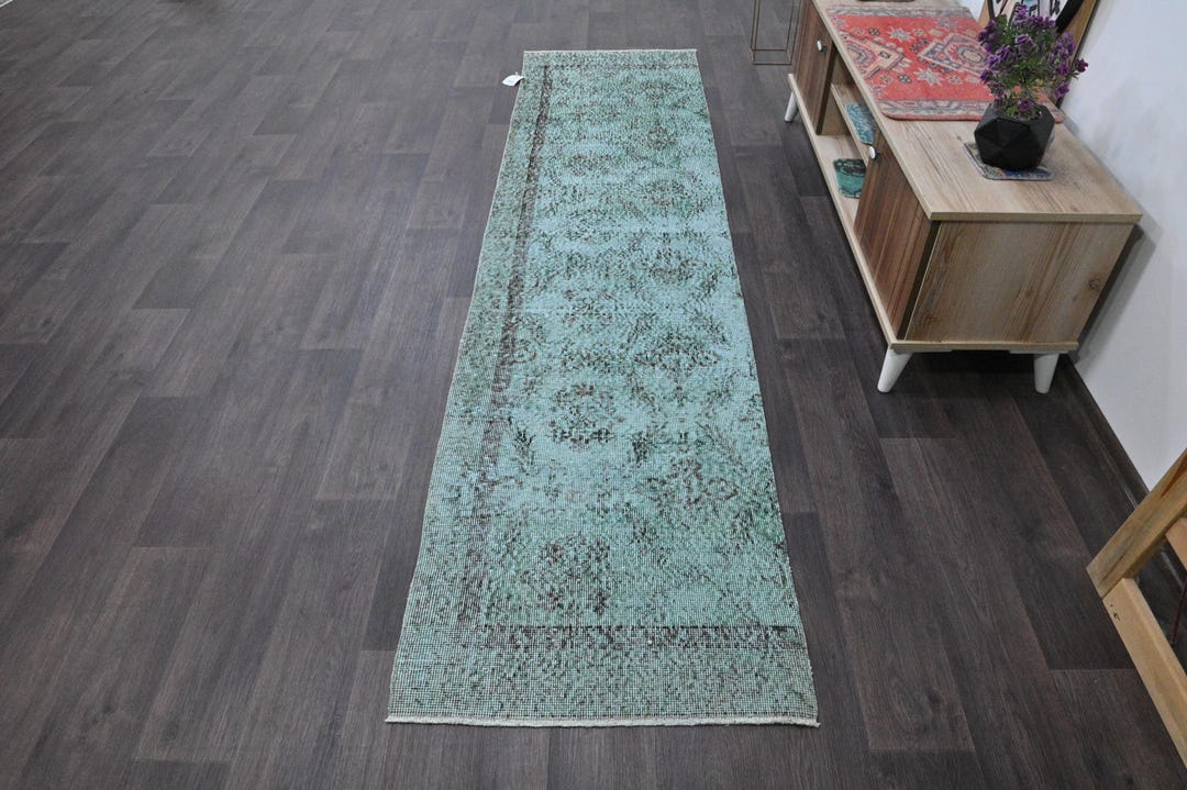 Turquoise Green Vintage Turkish Runner Rug, Hand-knotted Faded Long ...