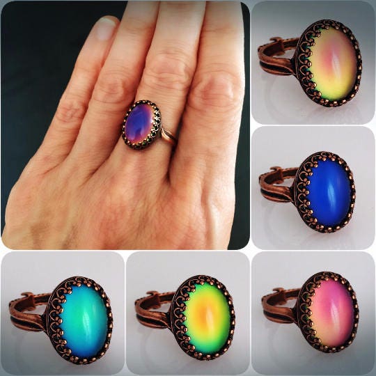 MOOD RING Copper Small Oval Crown Aurora Rainbow Color | Etsy