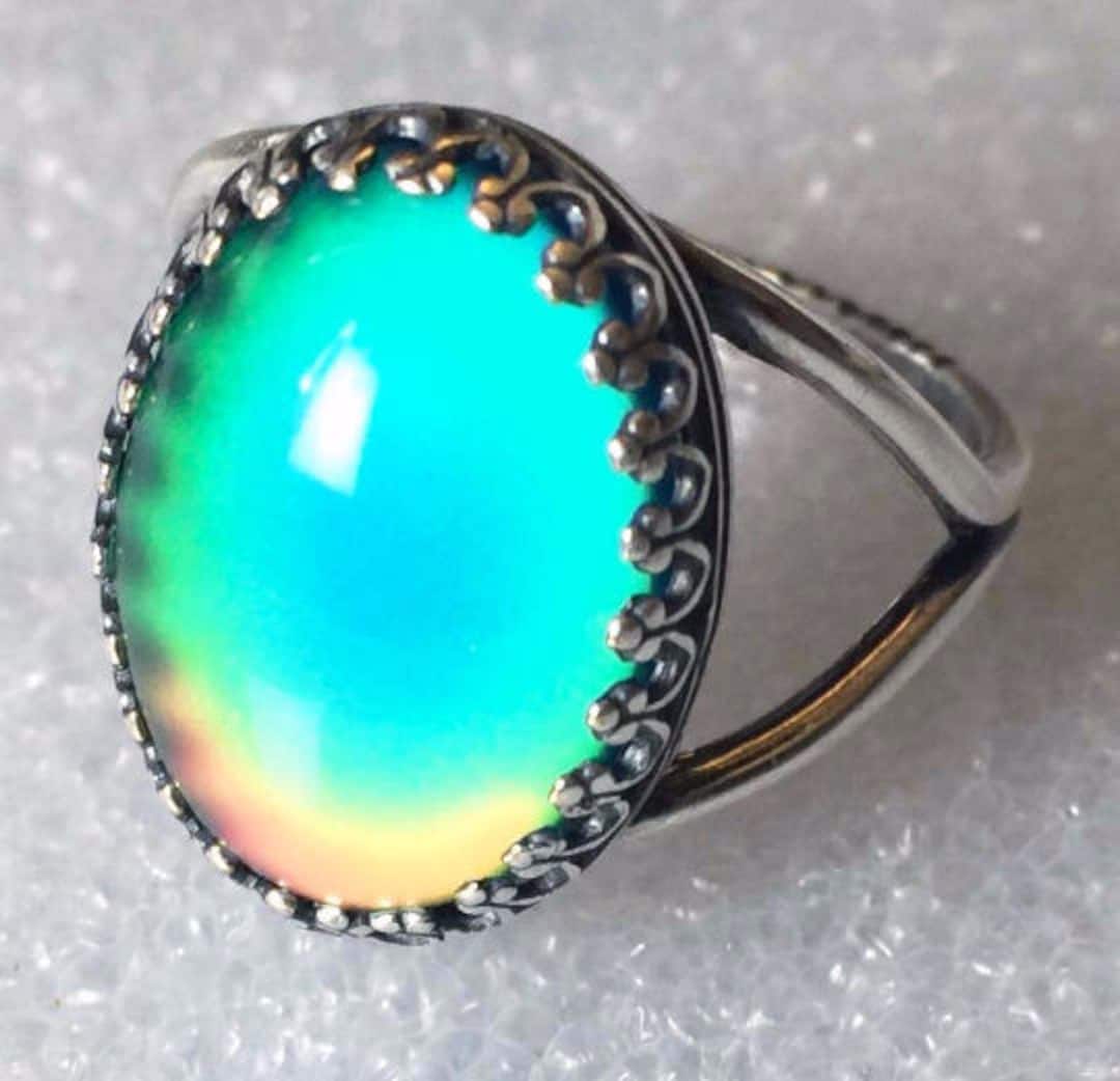 STERLING Silver 925 MOOD RING Large Oval Crown Colorful Aurora Rainbow Adjustable Band Jewelry ...