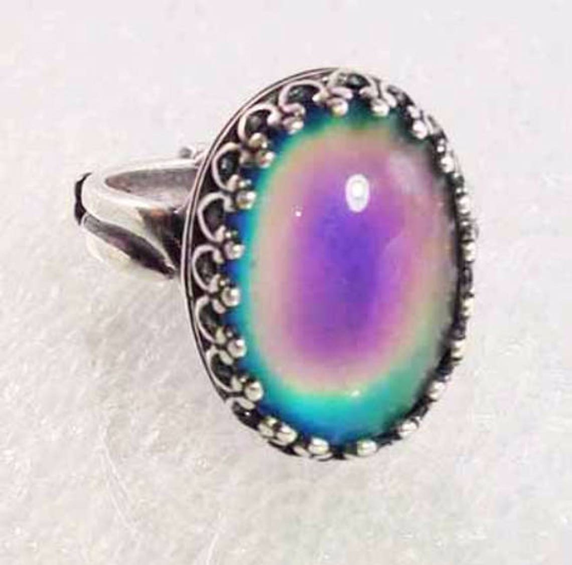 MOOD RING Silver Plated Small Oval Crown Colorful Aurora Rainbow Color ...