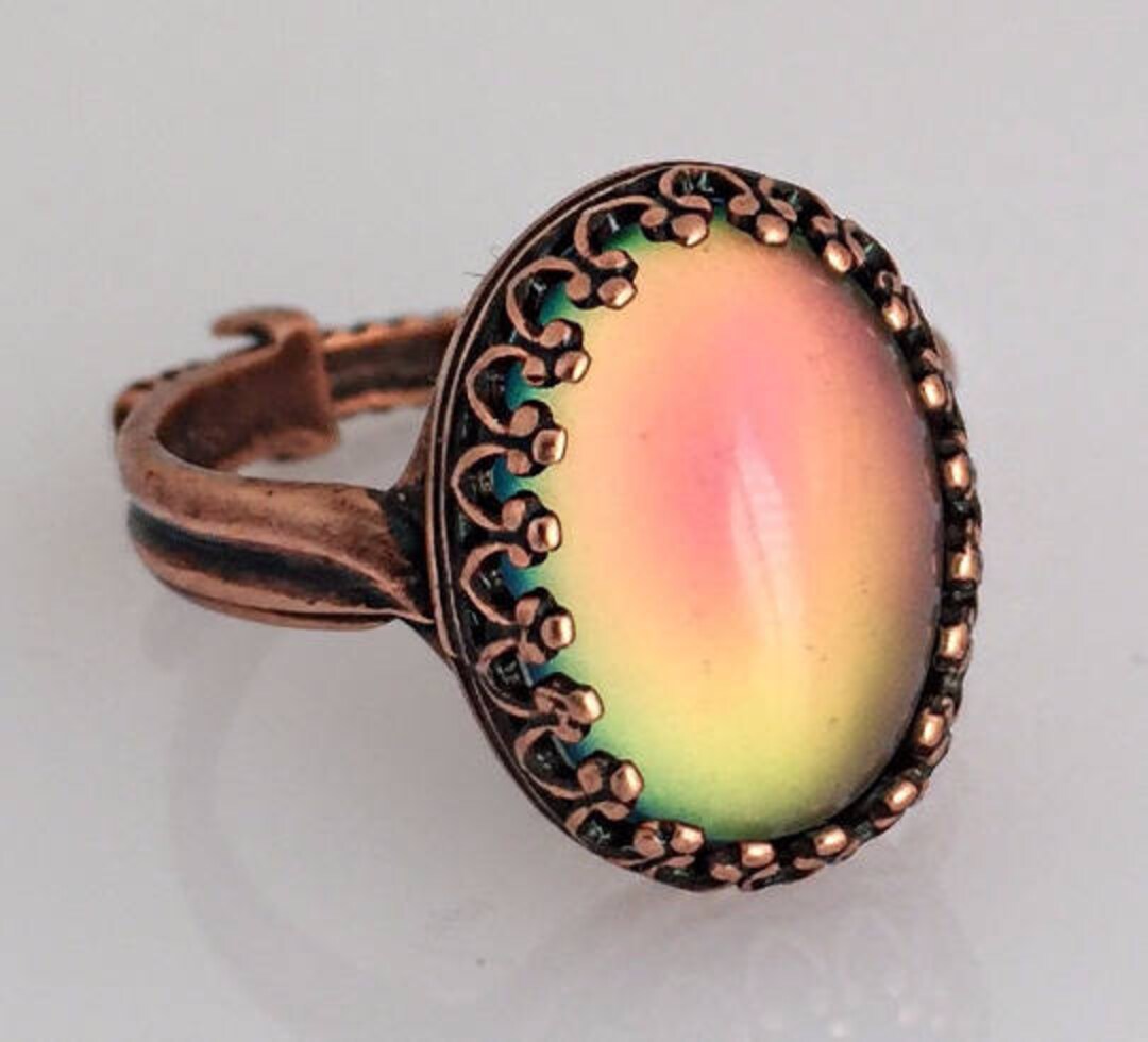MOOD RING Copper Small Oval Crown Aurora Rainbow Color Changing ...