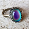 STERLING Silver 925 Mood Ring Small Floral Round Crown Colorful Aurora Rainbow Adjustable Band ...