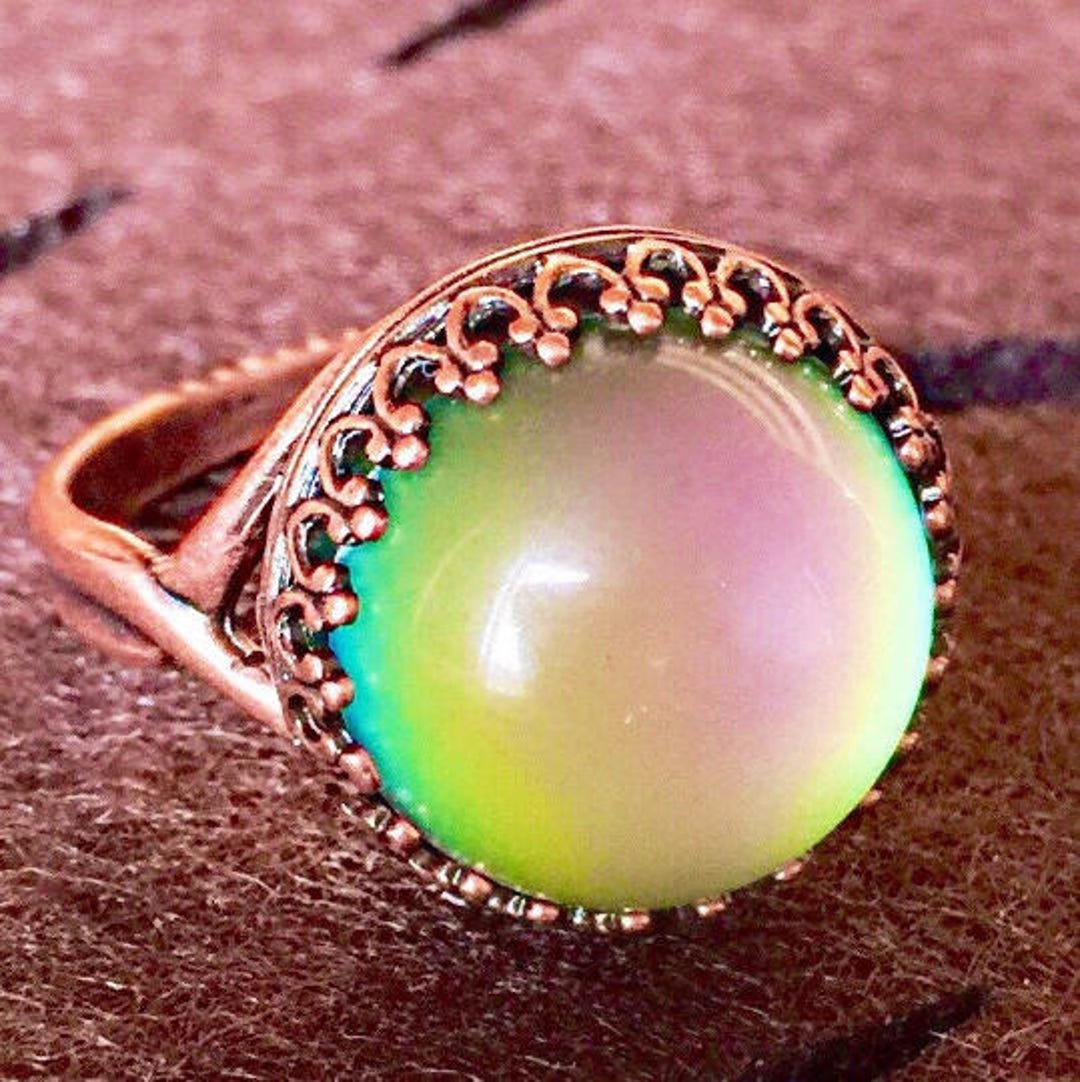 MOOD RING 14mm Large Round Copper Crown Colorful Aurora Rainbow ...