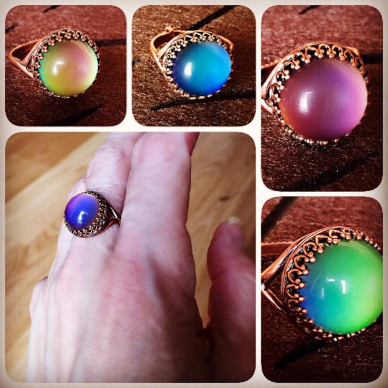 MOOD RING 14mm Large Round Copper Crown Colorful Aurora | Etsy