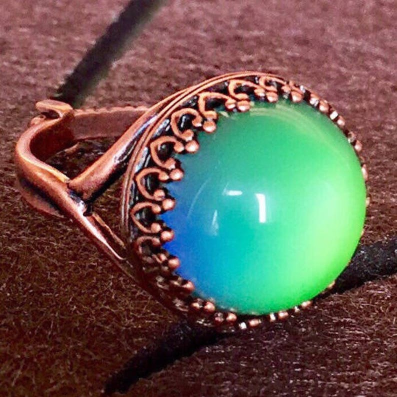MOOD RING 14mm Large Round Copper Crown Colorful Aurora | Etsy