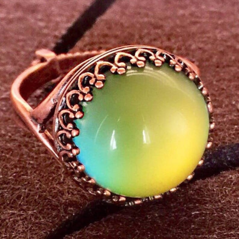 MOOD RING 14mm Large Round Copper Crown Colorful Aurora | Etsy