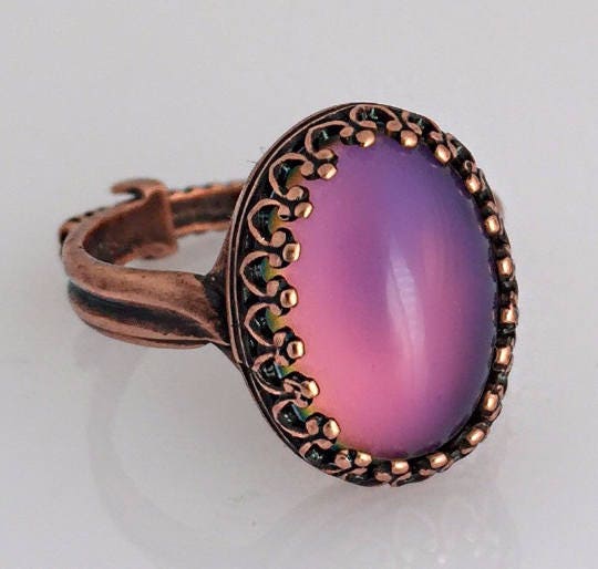 MOOD RING Copper Small Oval Crown Aurora Rainbow Color | Etsy