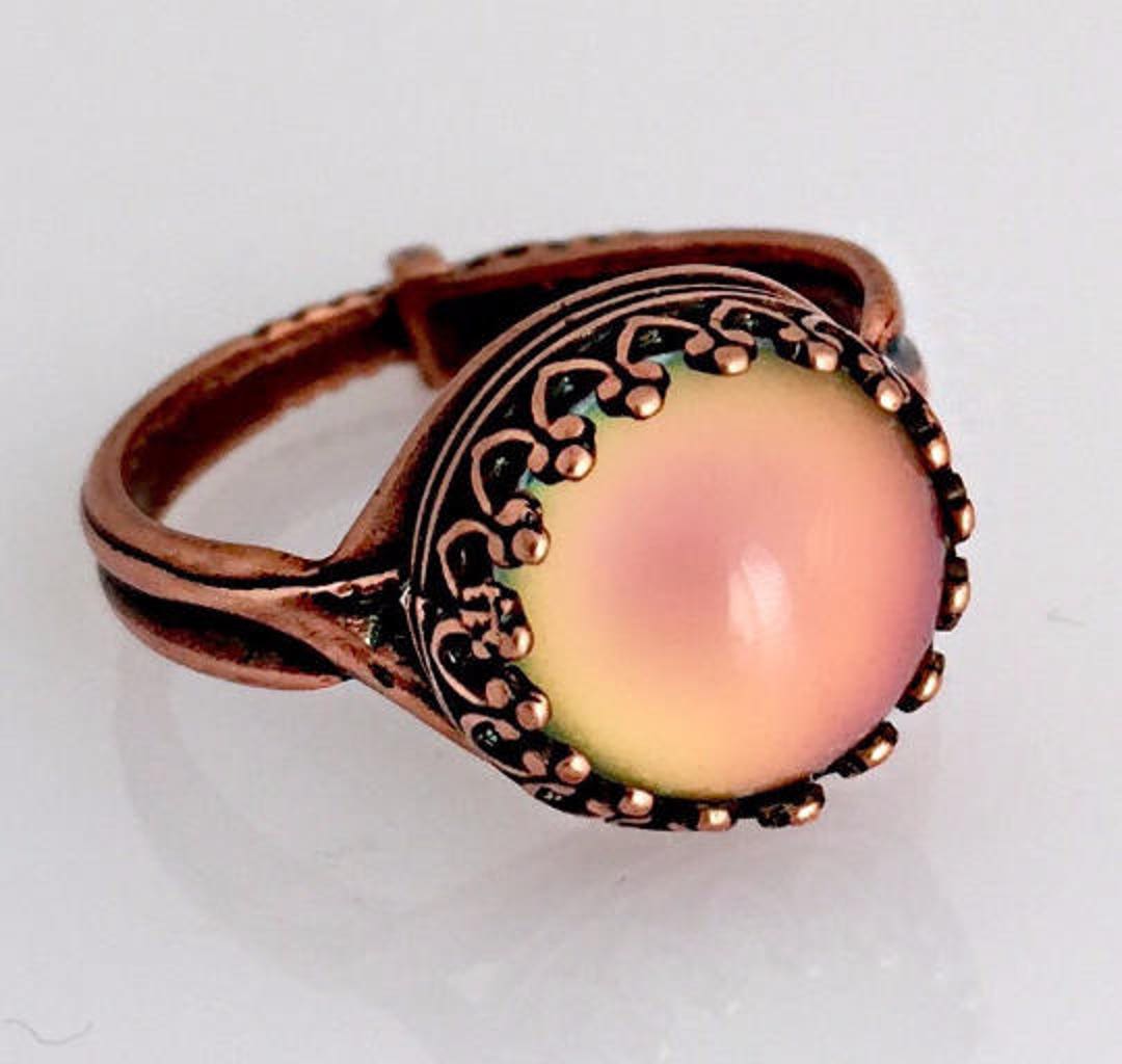 MOOD RING Small Round Copper Plate Crown Colorful Aurora Rainbow ...