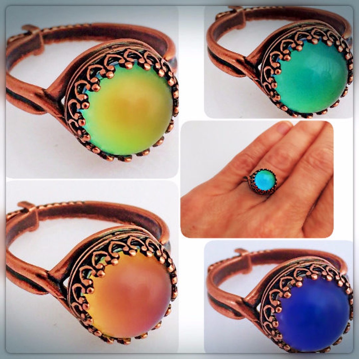 MOOD RING Small Round Copper Plate Crown Colorful Aurora - Etsy